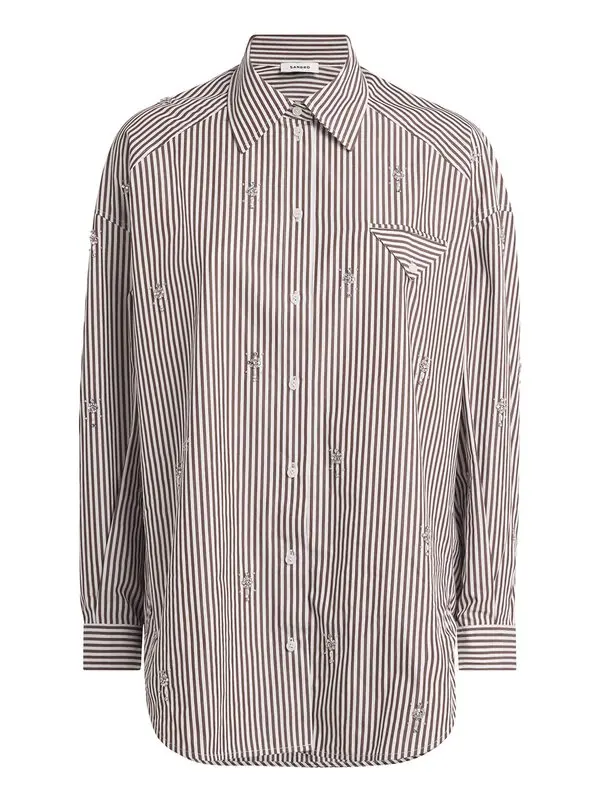 Sandro Striped Cotton Embellished Shirt - Brown