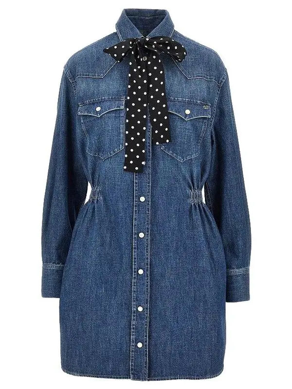 Valentino Garavani Denim Mini Dress With Silk Bow Detail - Blue