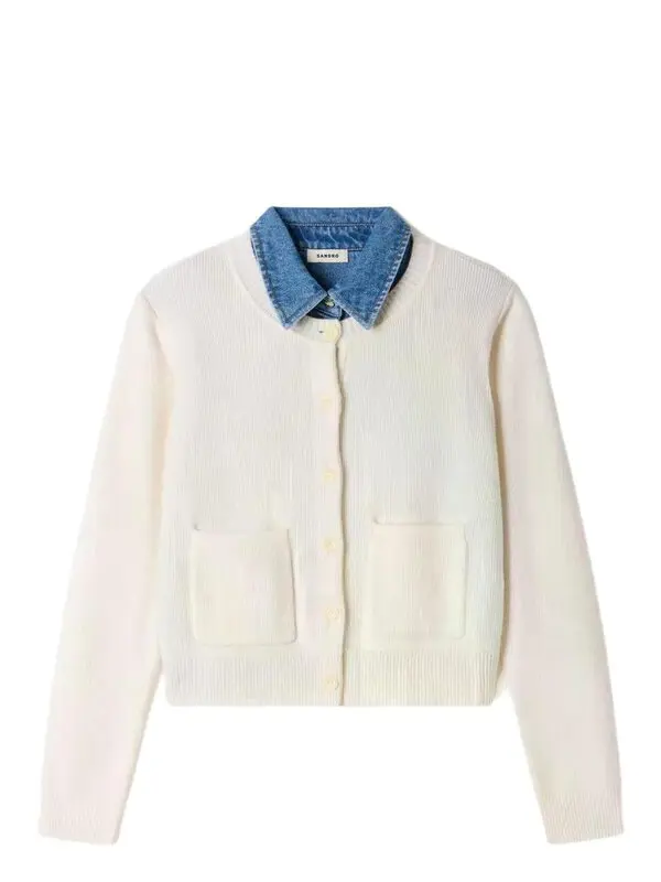 Sandro Ecru Fine-knit Cardigan With Denim Collar - Neutrals