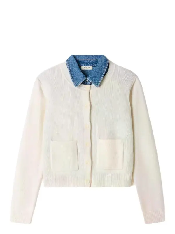 Sandro Ecru Fine-knit Cardigan With Denim Collar - Neutrals