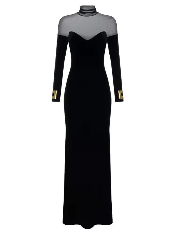 Elisabetta Franchi Velvet And Tulle Evening Gown With Jewel Embellished Cuffs - Black