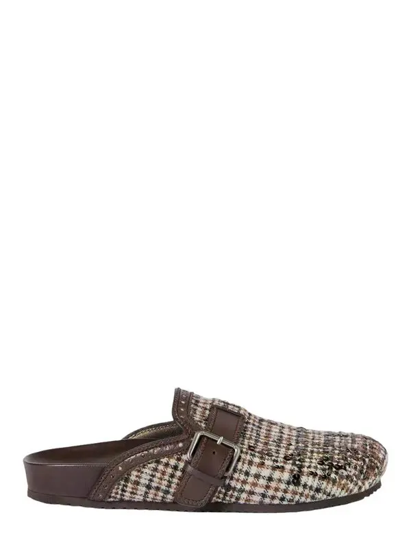 Brunello Cucinelli Water-resistant Alpaca And Wool Checked Slippers With Sequined Embroidery And Buckle Detail - Brown