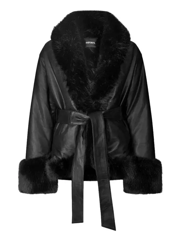 ROTATE BY BIRGER CHRISTENSEN Bonded Leather Jacket With Faux Fur Trim - Black
