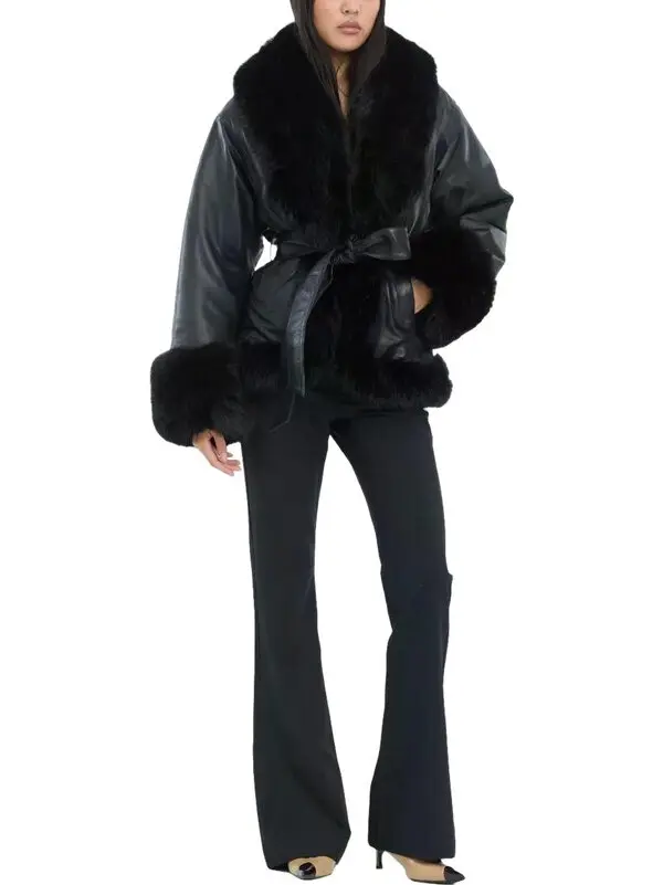 ROTATE BY BIRGER CHRISTENSEN Bonded Leather Jacket With Faux Fur Trim - Black