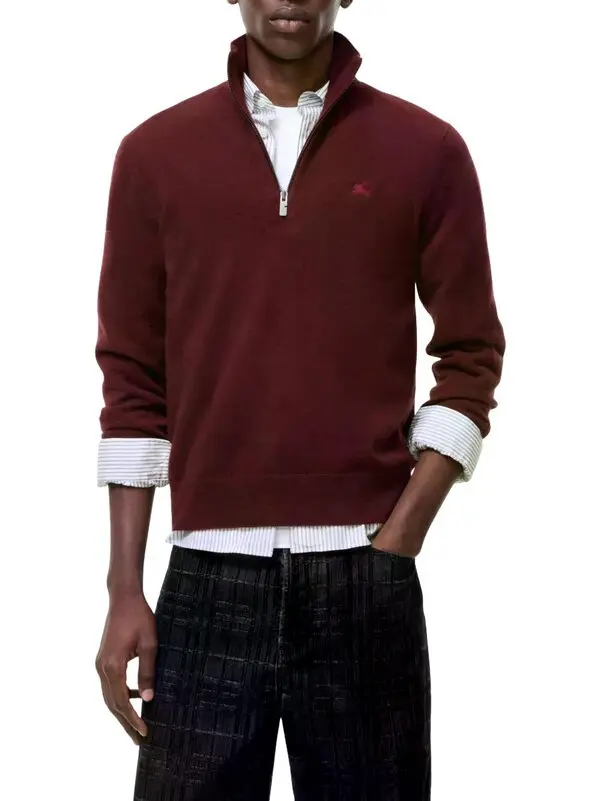Burberry Cashmere Blend Half-zip Sweater With Embroidered Knight Motif - Red