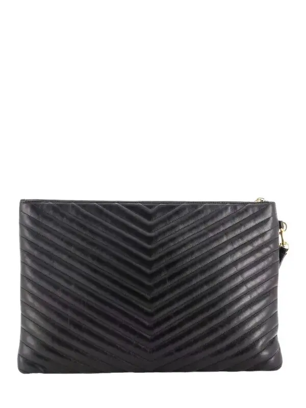 Saint Laurent Classic Monogram Wristlet Pouch Matelasse Chevron Leather Clutch Bag - Black