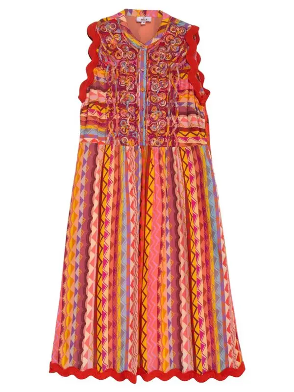 NIZA Tulum Sleeveless Embroidered Geometric Print Maxi Dress - Red