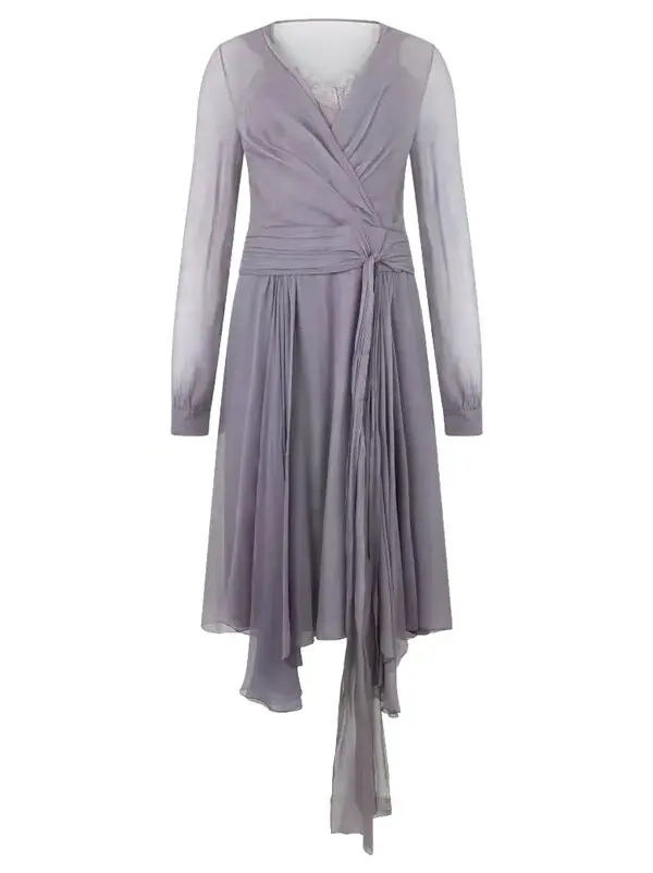 Alberta Ferretti Pleated Silk-chiffon Long-sleeved Wrap Dress - Grey