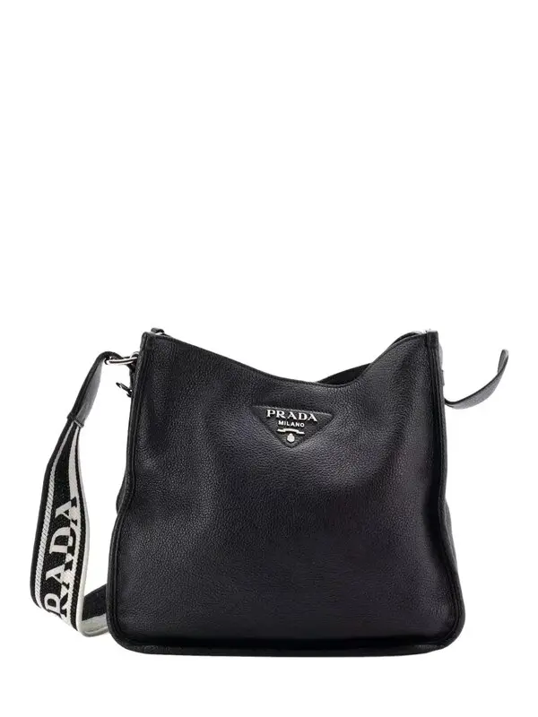 Prada Logo Strap Leather Medium Hobo Bag - Black