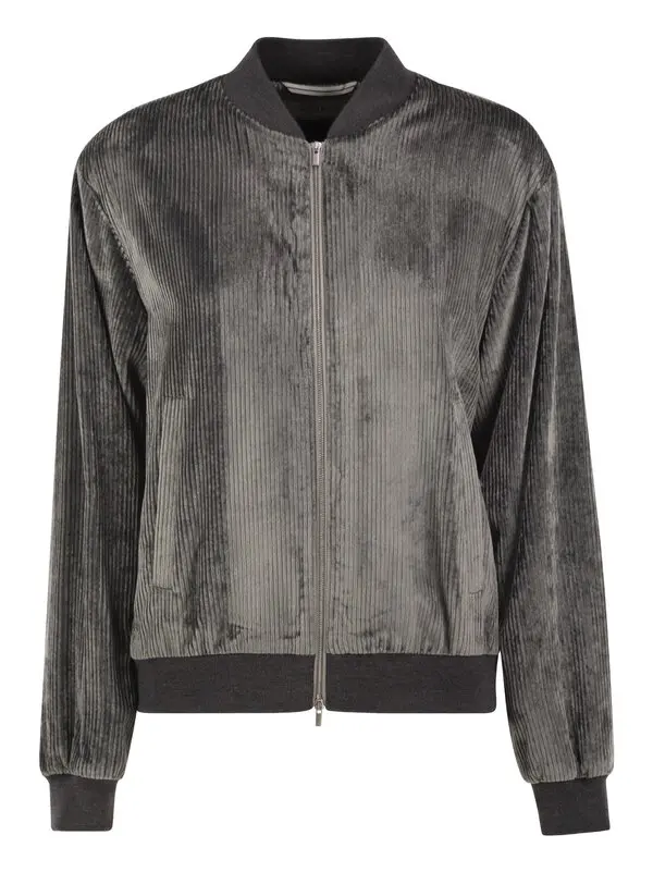 Peserico Stretch Corded Velvet Bomber Jacket With Silk Details - Gray