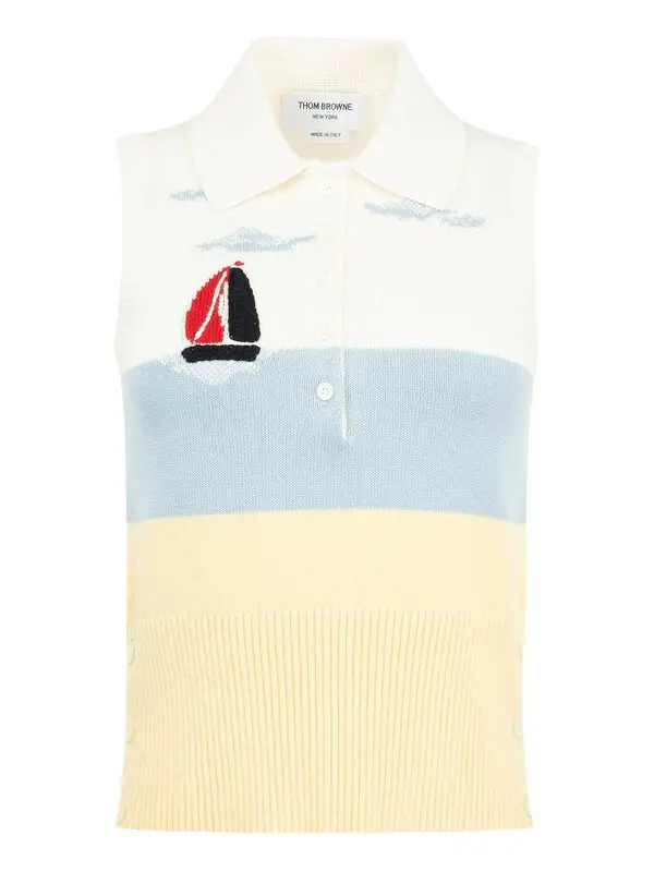 Thom Browne Hand Emb Nantucket Scenic Jersey Intarsia Sleeveless Polo In Cotton - White