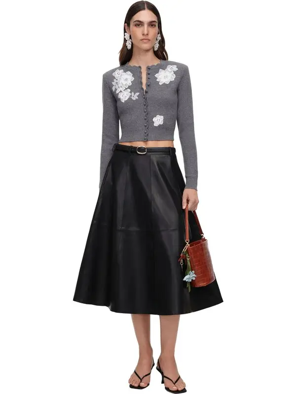 SELF-PORTRAIT Floral Appliqué Snap-front Wool-blend Cardigan With Removable Shoulder Pads - Grigio