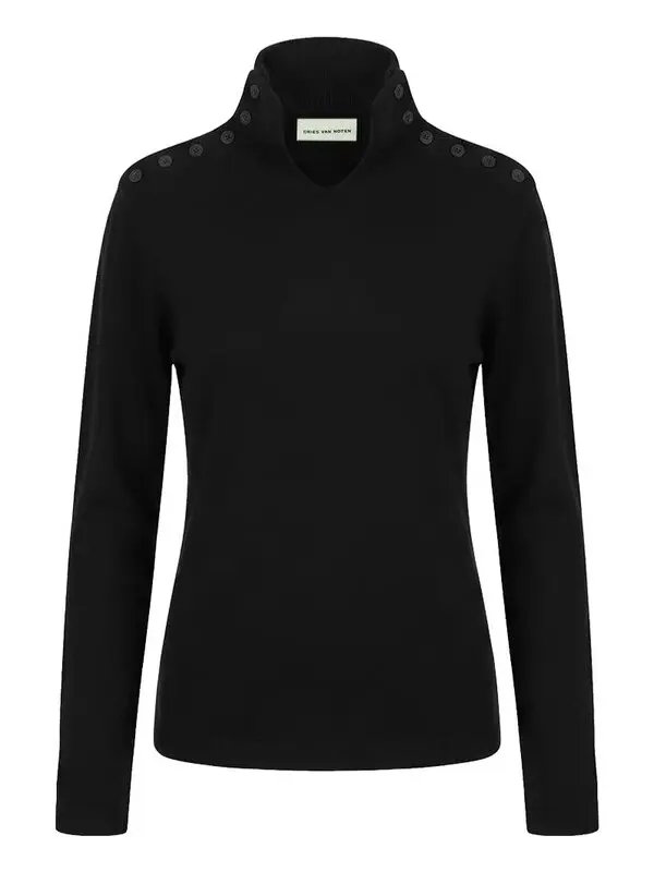 Dries Van Noten Humond" High Neck Cotton Top With Button Detailing - Black