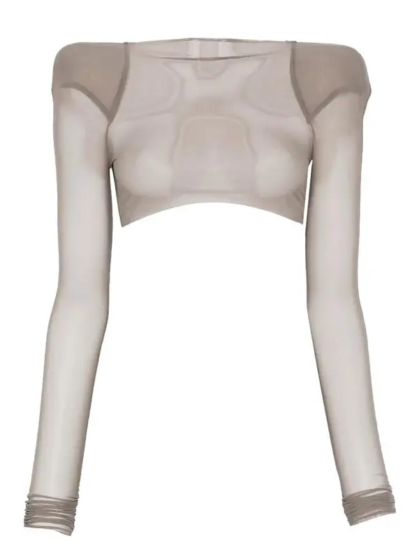 Rick Owens Helm Mini Top Sheer Mesh Cropped Long Sleeve - Dust