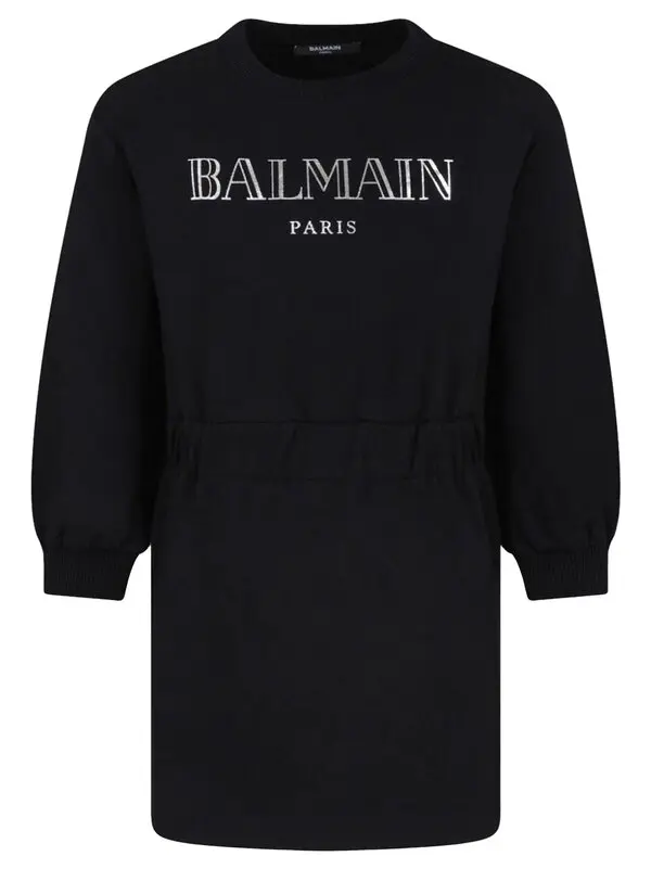 Balmain Long Sleeve Cotton Drawstring Jersey Dress - Black/silver