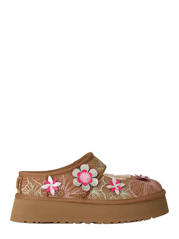 UGG Mini Slip-on Platform Sandals With Floral Embellishments - Chestnut