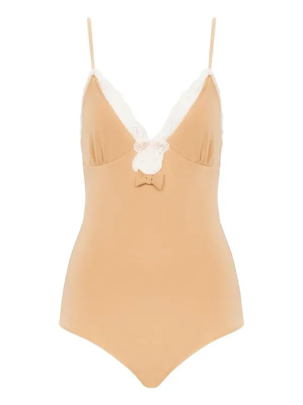 Chloé Ruched V-neck Bodysuit With Lace Trim - Rosa