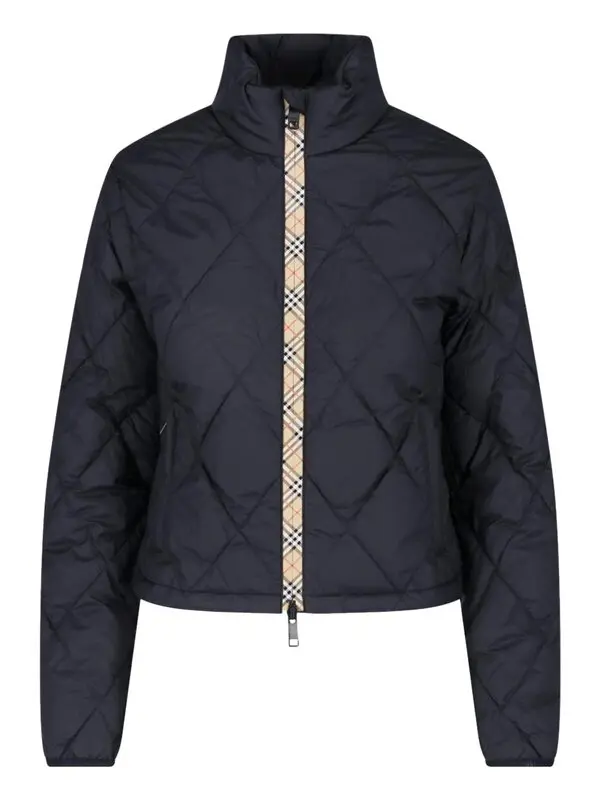 Burberry Quilted Zip-front Cropped Jacket With Signature Check Trim - Black