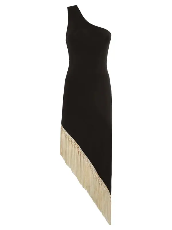 TALLER MARMO One-shoulder Fringe Trim Asymmetric Hem Dress - Nero