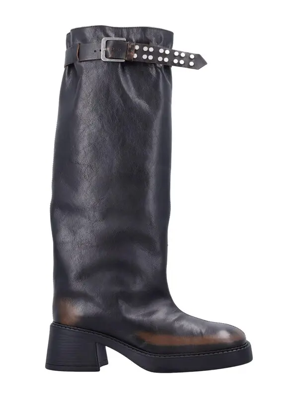 MIISTA Studded Buckle Knee-high Boots - Marrone