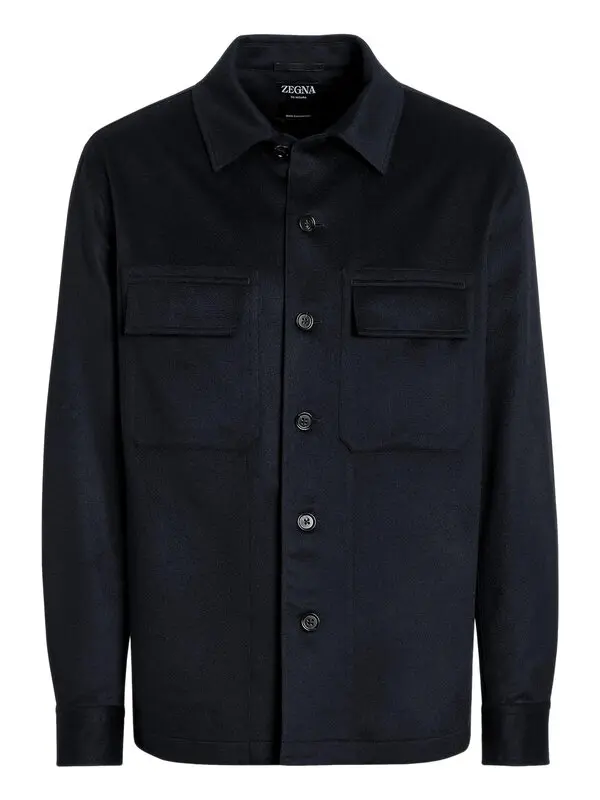 Zegna 100% Cashmere Button-front Shirt With Elbow Patches & Flap Chest Pockets - Blu