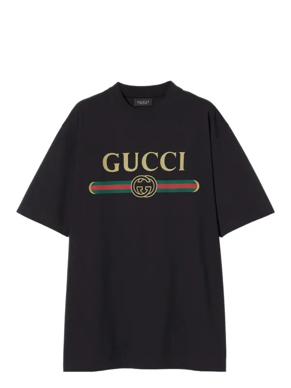 Gucci Cotton & Silk Crewneck T-shirt With Interlocking Gg Print - Nero