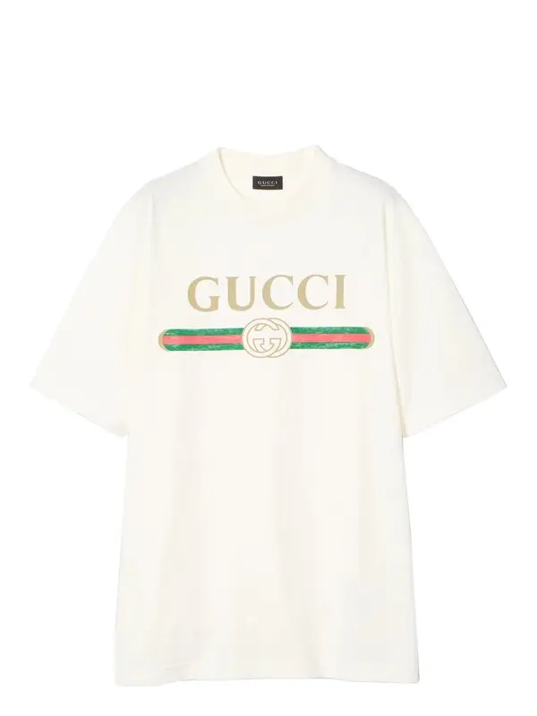 Gucci Cotton And Silk T-shirt With Interlocking Gg Web Motif - Bianco