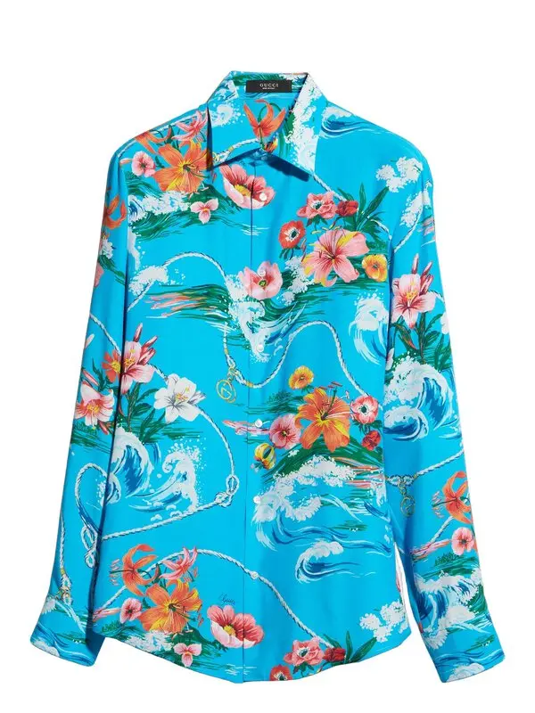 Gucci Relaxed Fit Floral Viscose Button-front Shirt With Point Collar - Azzurro