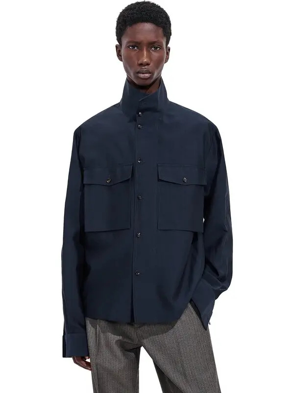 Bottega Veneta Cotton-silk High-neck Shirt With Chest Pockets And Relaxed Fit - Blu
