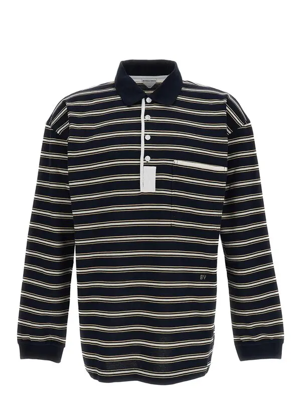Bottega Veneta Long-sleeve Striped Piqué Polo Shirt With Chest Pocket - Blu