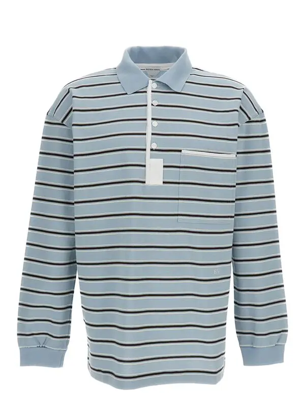 Bottega Veneta Striped Piqué Polo Shirt With Chest Pocket And Embroidered Logo - Azzurro
