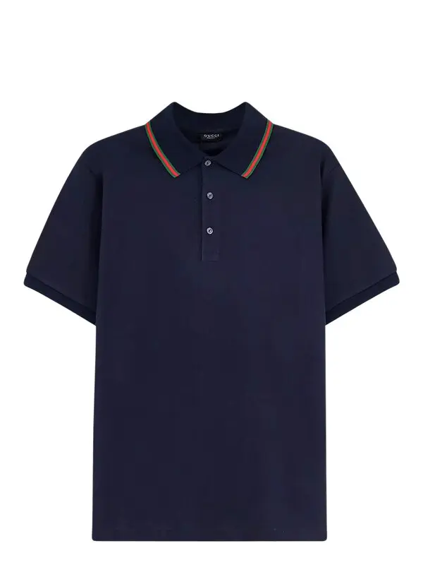 Gucci Pique Cotton Polo T-shirt With Web Ribbon Collar Trim And Side Vents - Blu