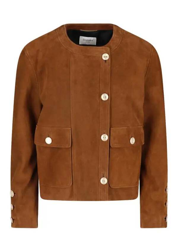 Saint Laurent Suede Leather Button-front Cropped Jacket - Brown