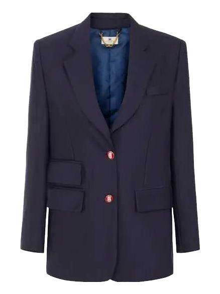Elisabetta Franchi Single-breasted Wool Blend Blazer - Blu Notte/red Passio