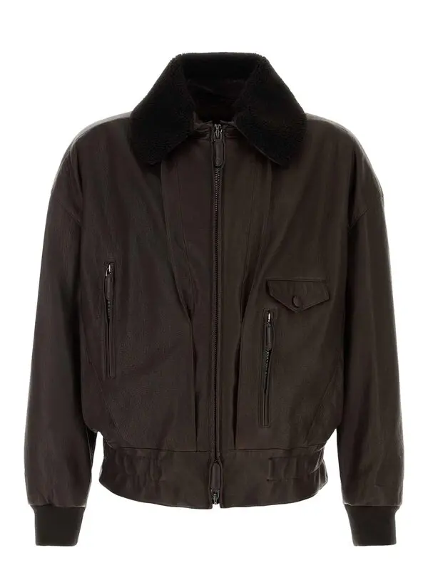 Giorgio Armani Lambskin Leather Bomber Jacket With Fur Collar - Brown