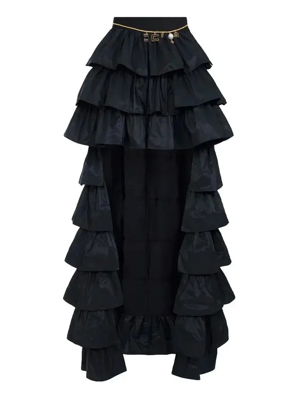 Elisabetta Franchi Tiered Ruffled Midi Skirt With Chain Belt - Nero