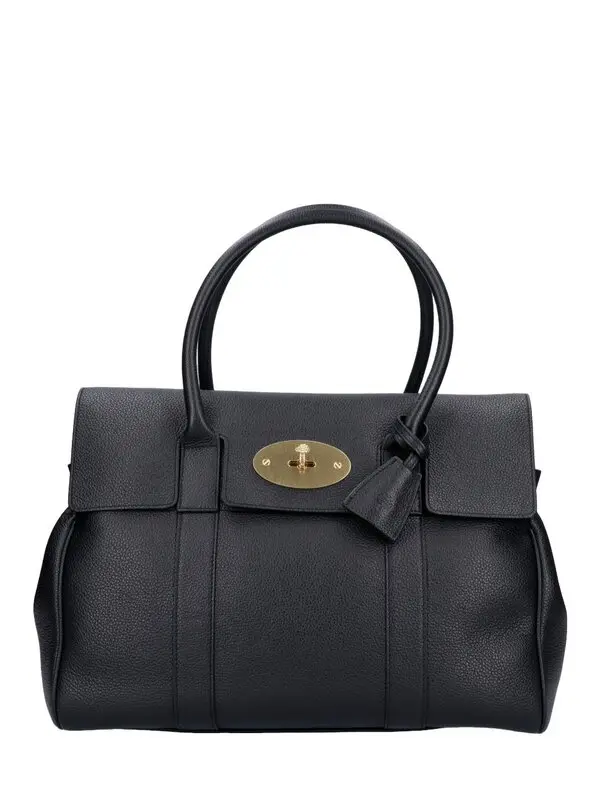 Mulberry Textured Leather Satchel Bag With Flap Closure - Black
