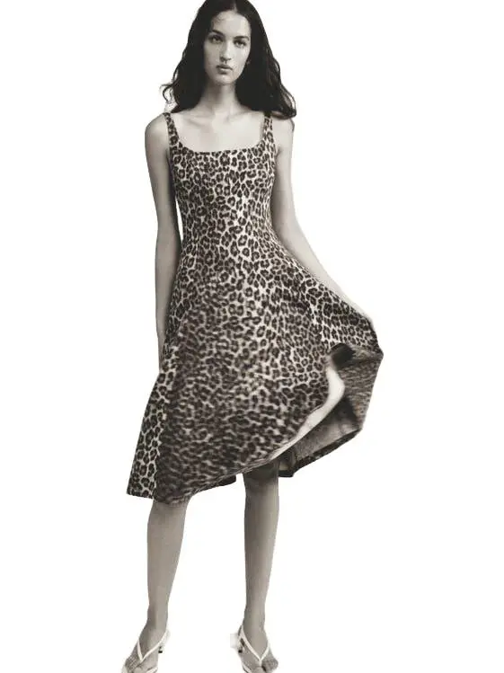 H&M Denim Midi Dress With Flared Skirt - Beige/leopard Print