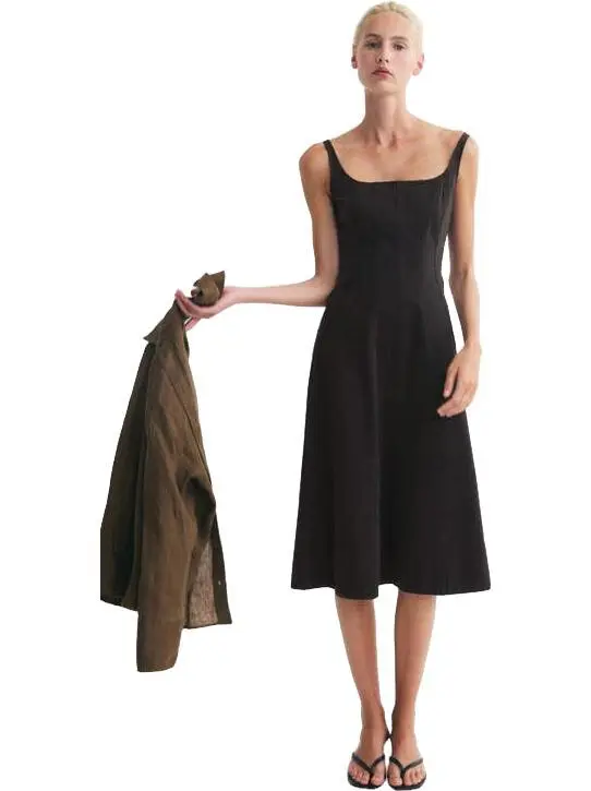 H&M Denim Midi Dress With Flared Skirt - Dark Brown