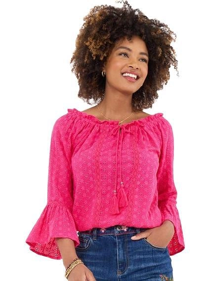 JOE BROWNS Bell Sleeve Eyelet Blouse With Tassel Tie - Fuschia