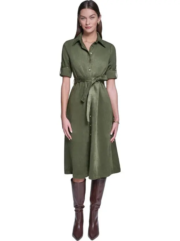 Halston Short Sleeve Midi Shirt Dress - Olive