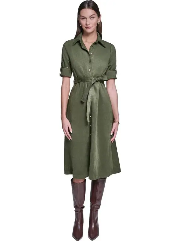 Halston Short Sleeve Midi Shirt Dress - Olive