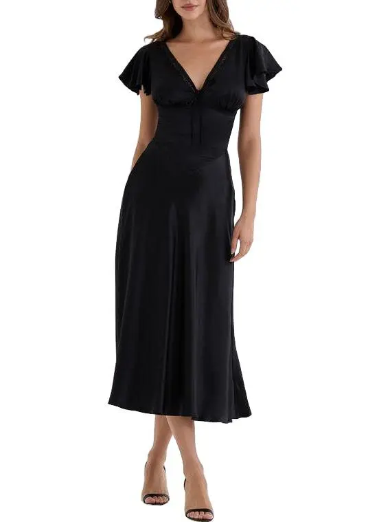 House Of Cb Ravella Silk V-neck Midi Dress With Flutter Sleeves - Black