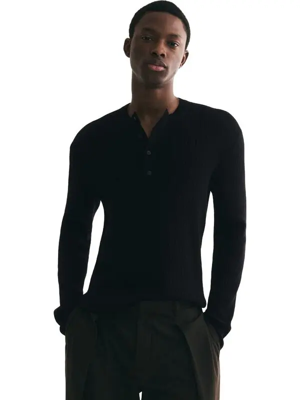 H&M Ribbed Henley Shirt With Long Sleeves - Black