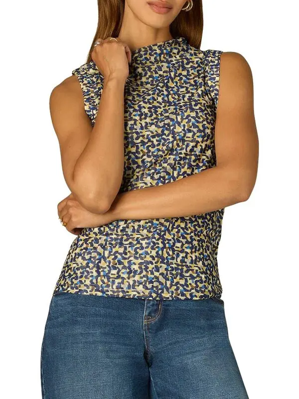 Wit & Wisdom Printed Mock Neck Sleeveless Top - Navy/chartreuse