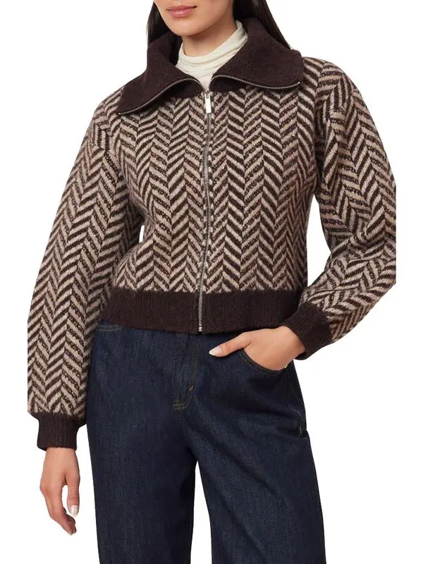 Habitual Herringbone Zip-front Cardigan - Chocolate
