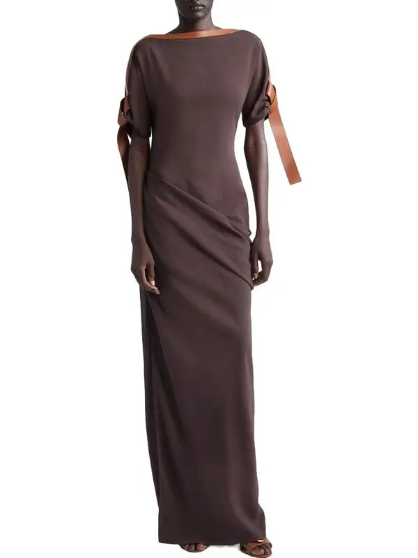 FERRAGAMO Leather Trim Jersey Maxi Dress - Expresso/cognac
