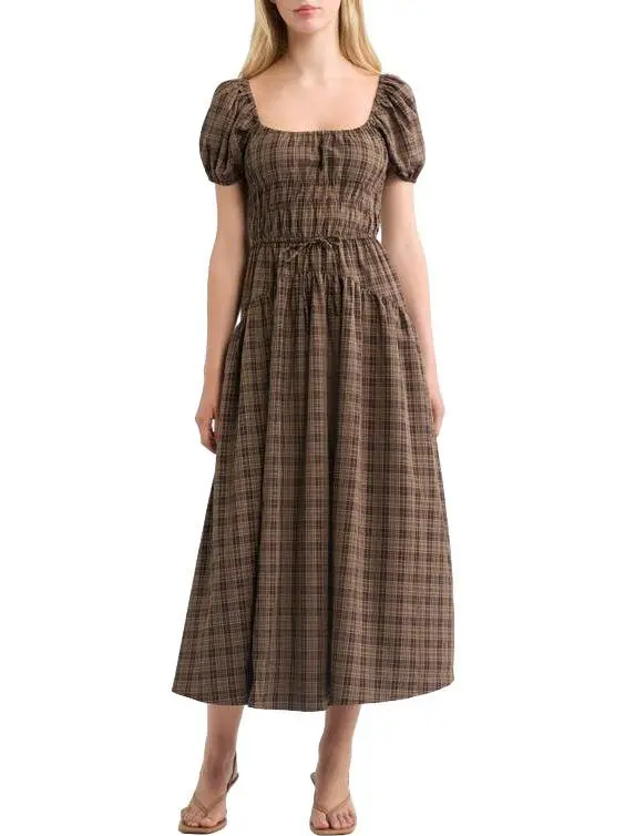Moon River Sweetheart Neck Puff Sleeve Midi Dress - Mocha Multi