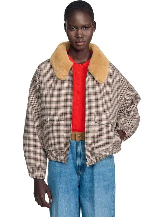 Sandro Faux Fur-lined Checked Coat - Brown