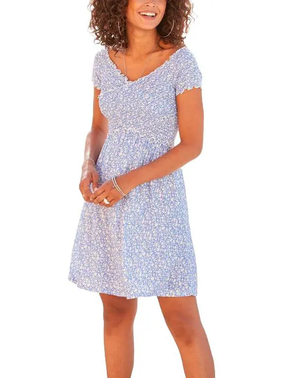 LASCANA Printed Smocked Bodice Dress With Criss-cross Detail - Blue-patterned